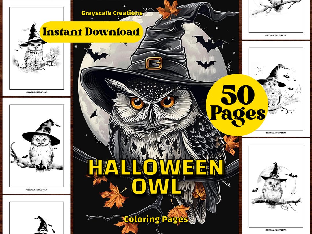 50 Halloween Owl Coloring Page Book, Halloween Cartoon Creepy ...