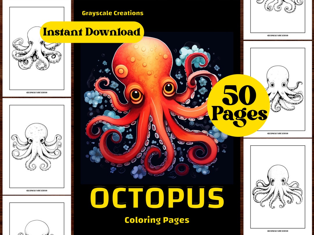 50 Octopus Animal Coloring Page Book, Sea Life Ocean Fantasy, Birthday ...