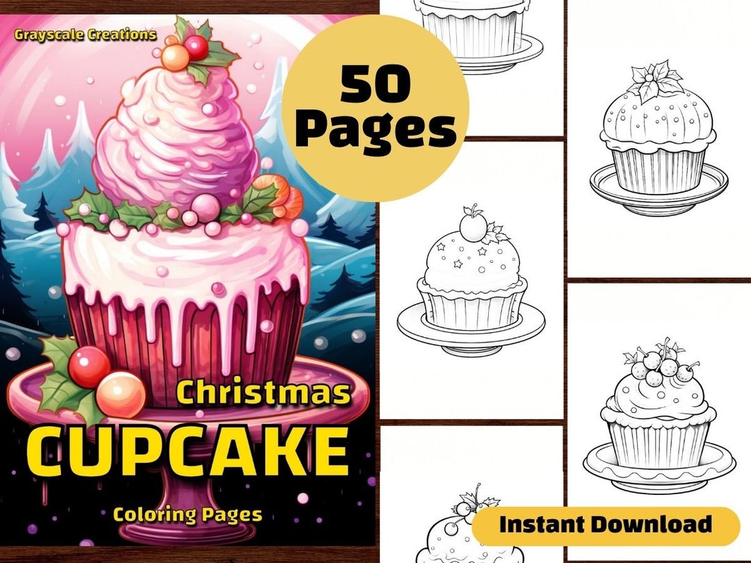 50 Cupcake Christmas Coloring Page Book, Sweet Treat Xmas Winter ...