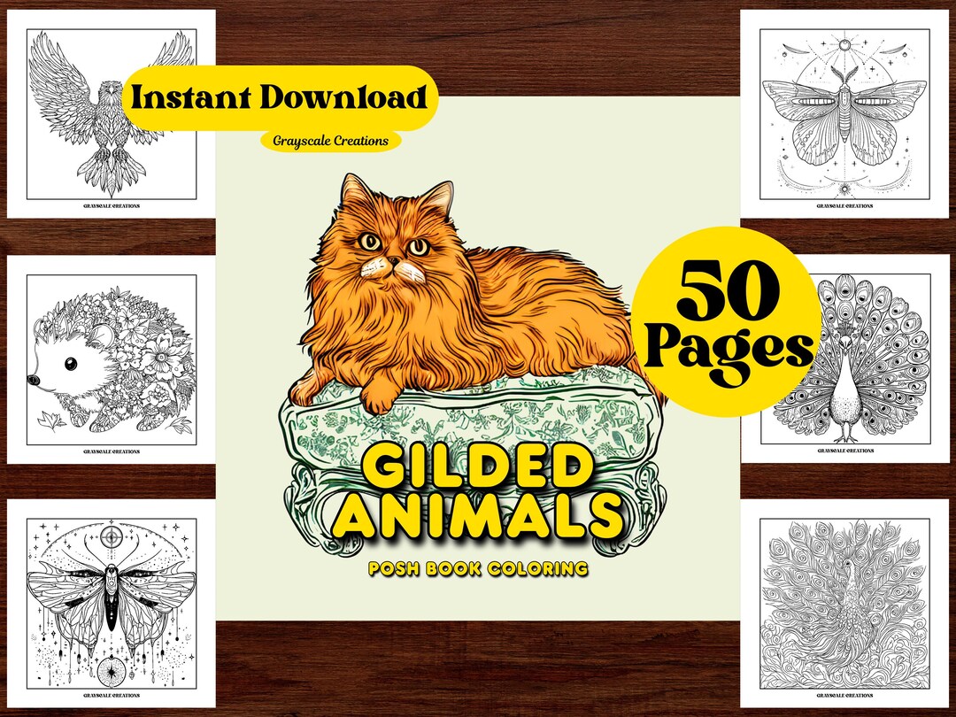 50 Gilded Animals Posh Coloring Page Book, Grayscale Mindfulness Stress ...