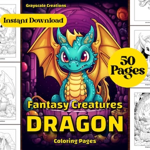 50 Cute Baby Dragon Coloring Page Book, Printable PDF Sheets, Instant ...