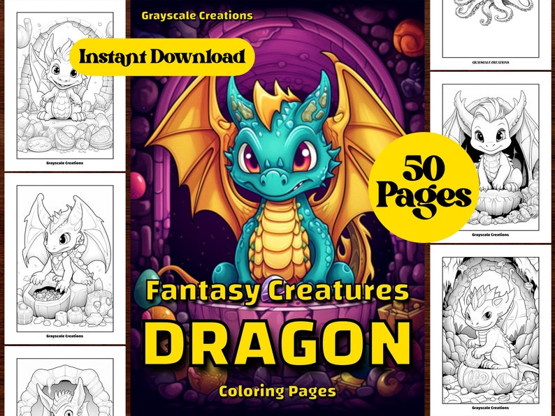 50 Cute Baby Dragon Coloring Page Book, Printable PDF Sheets, Instant ...