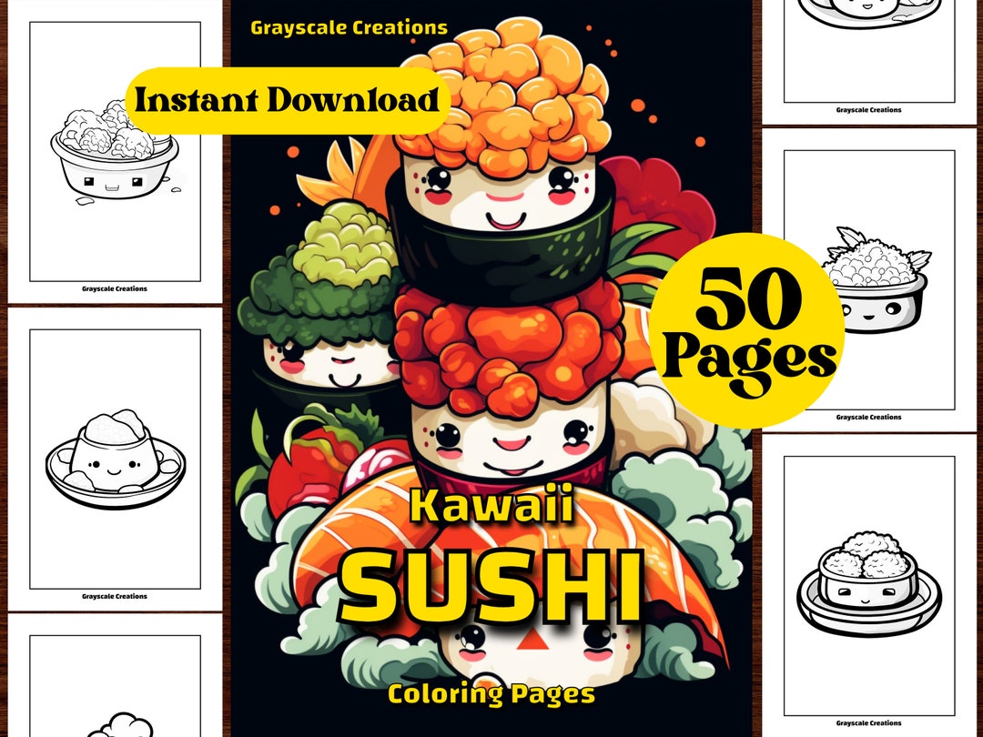 50 Sushi Coloring Page Book, Japanese Food Cute Kawaii Doodle, Birthday ...