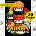 50 Sushi Coloring Page Book, Japanese Food Cute Kawaii Doodle, Birthday ...