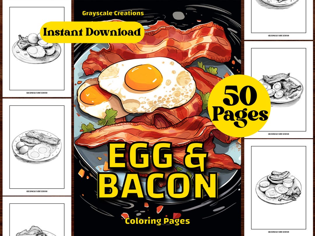 50 Bacon and Eggs Coloring Page Book, Food Beverage Drink Culinary ...