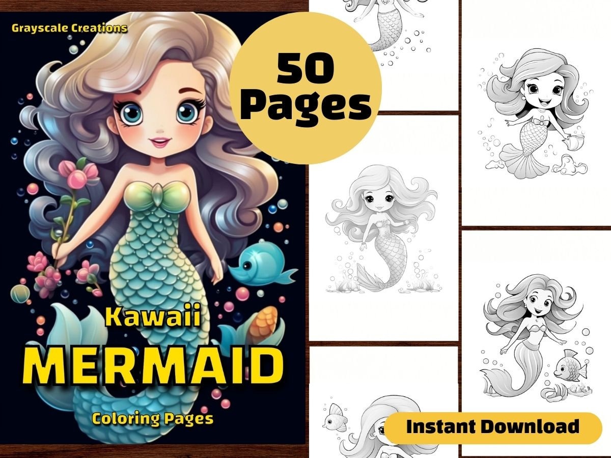 50 Mermaid Coloring Page Book Serene Cute Fantasy Kawaii - Etsy