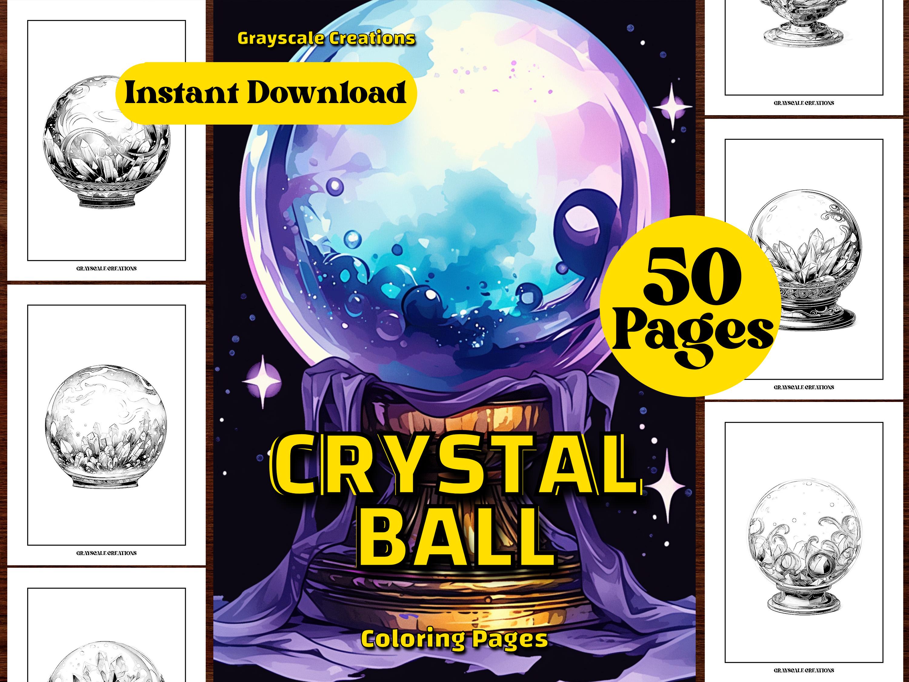 50 Crystal Ball Coloring Page Book, Halloween Cartoon Creepy, Printable ...