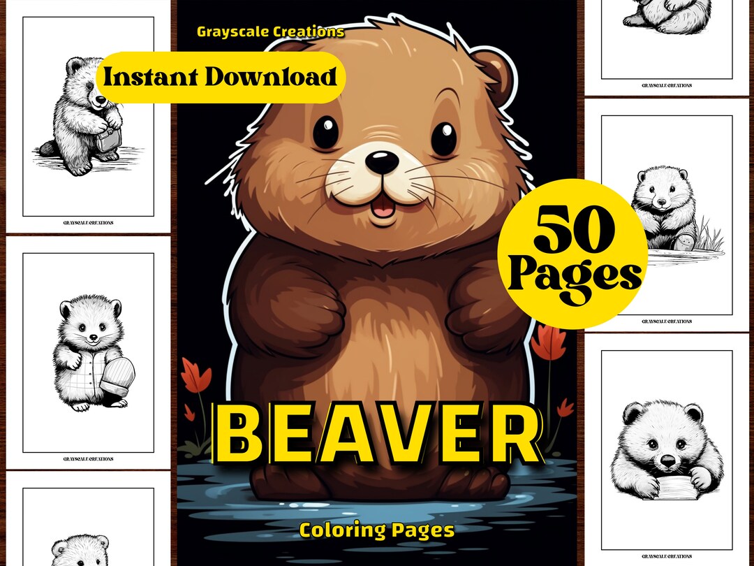 50 Beaver Animal Coloring Page Book, Woodland Wildlife Fantasy ...