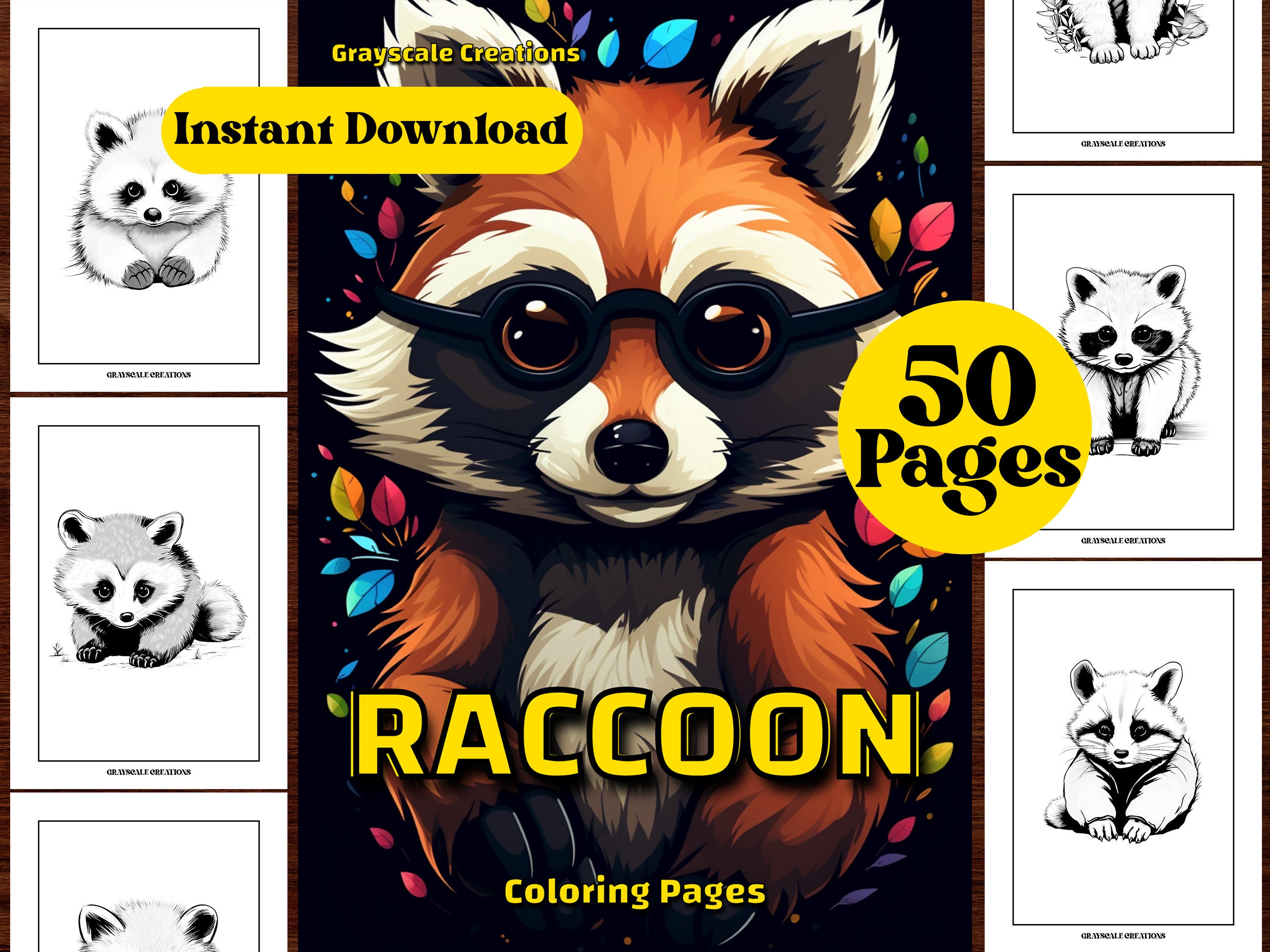 50 Raccoon Animal Coloring Page Book, Woodland Wildlife Fantasy ...