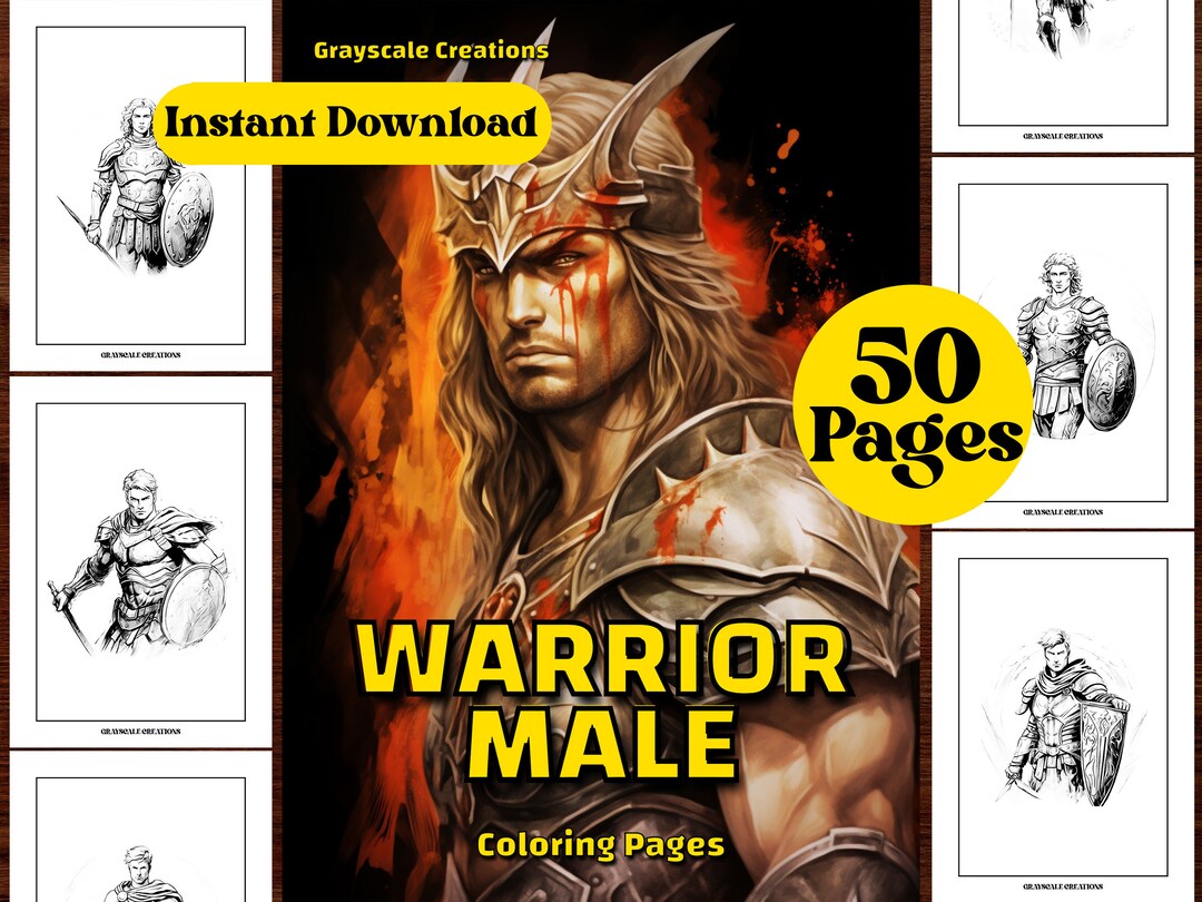 50 Warrior Male Coloring Page Book, Fantasy Enchanted Creatures ...