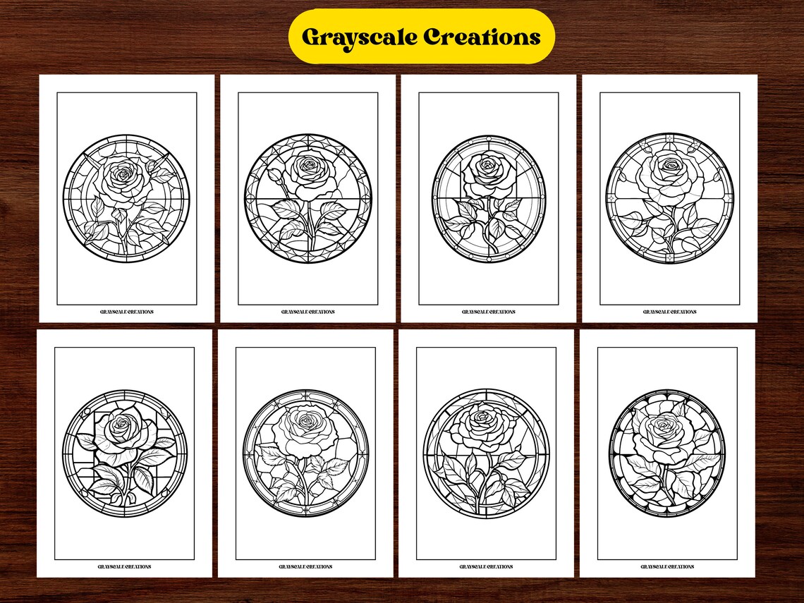50 Stained Glass Rose Coloring Page Book, Nature Botanical Flower ...