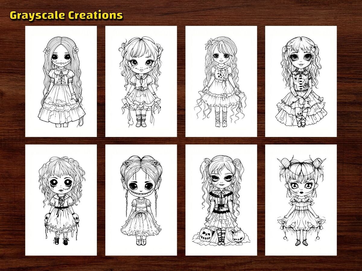 50 Creepy Doll Coloring Page Book, Halloween Creepy Chibi Horror ...