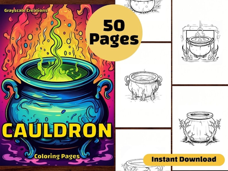 50 Cauldron Coloring Page Book, Halloween Elixir Magic Potion ...