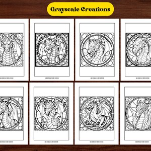 50 Stained Glass Dragon Coloring Page Book, Fantasy Creatures, Birthday ...