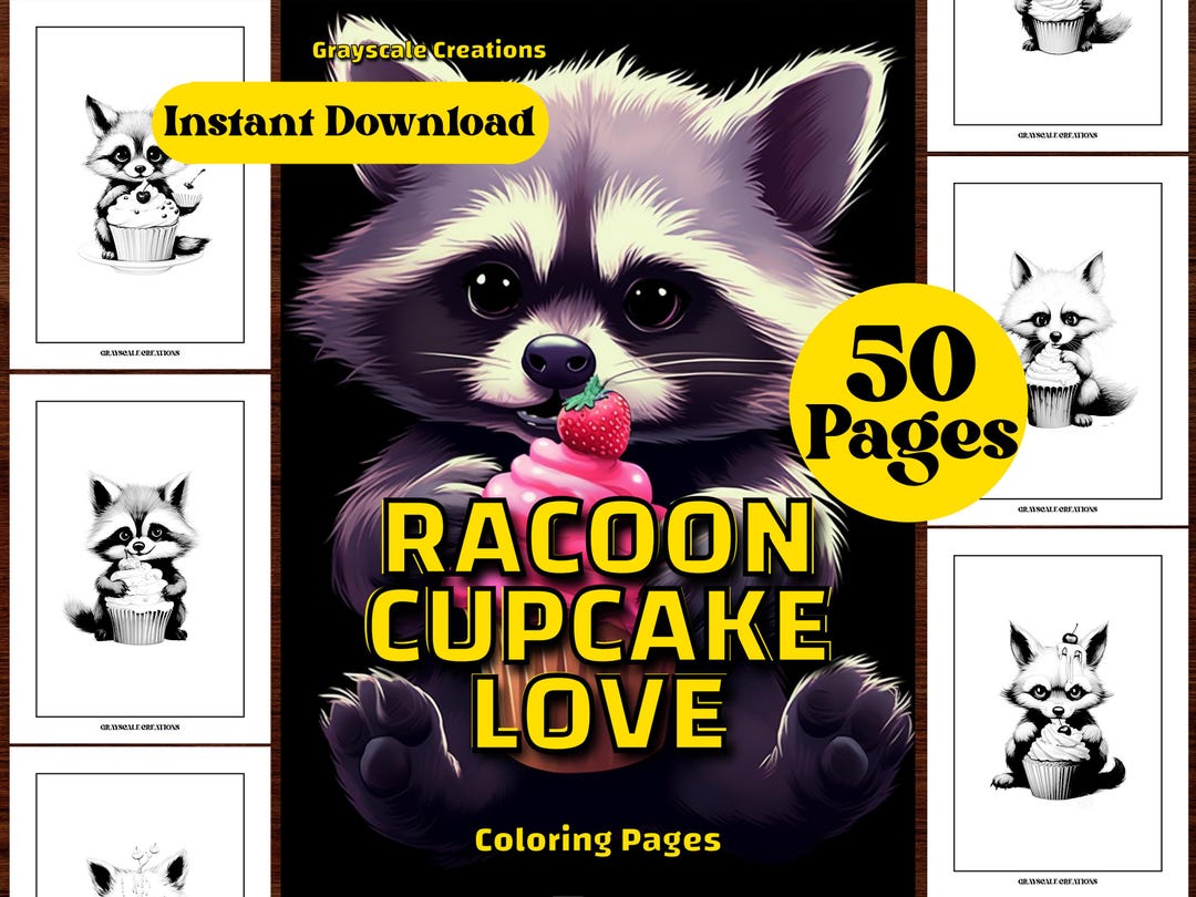 50 Racoon Love Cupcake Coloring Page Book, St Valentines Romance ...