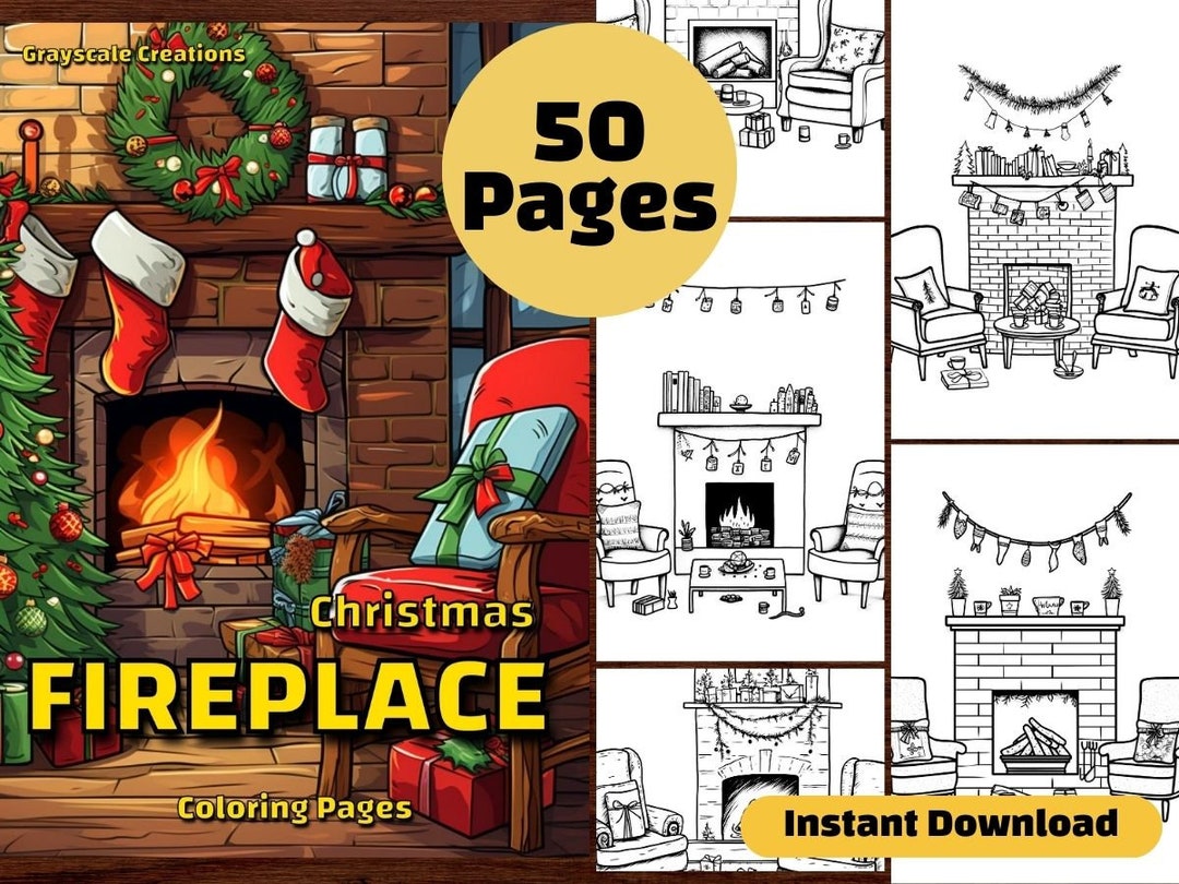 50 Fireplace Christmas Coloring Page Book, Interior Coloring Xmas ...