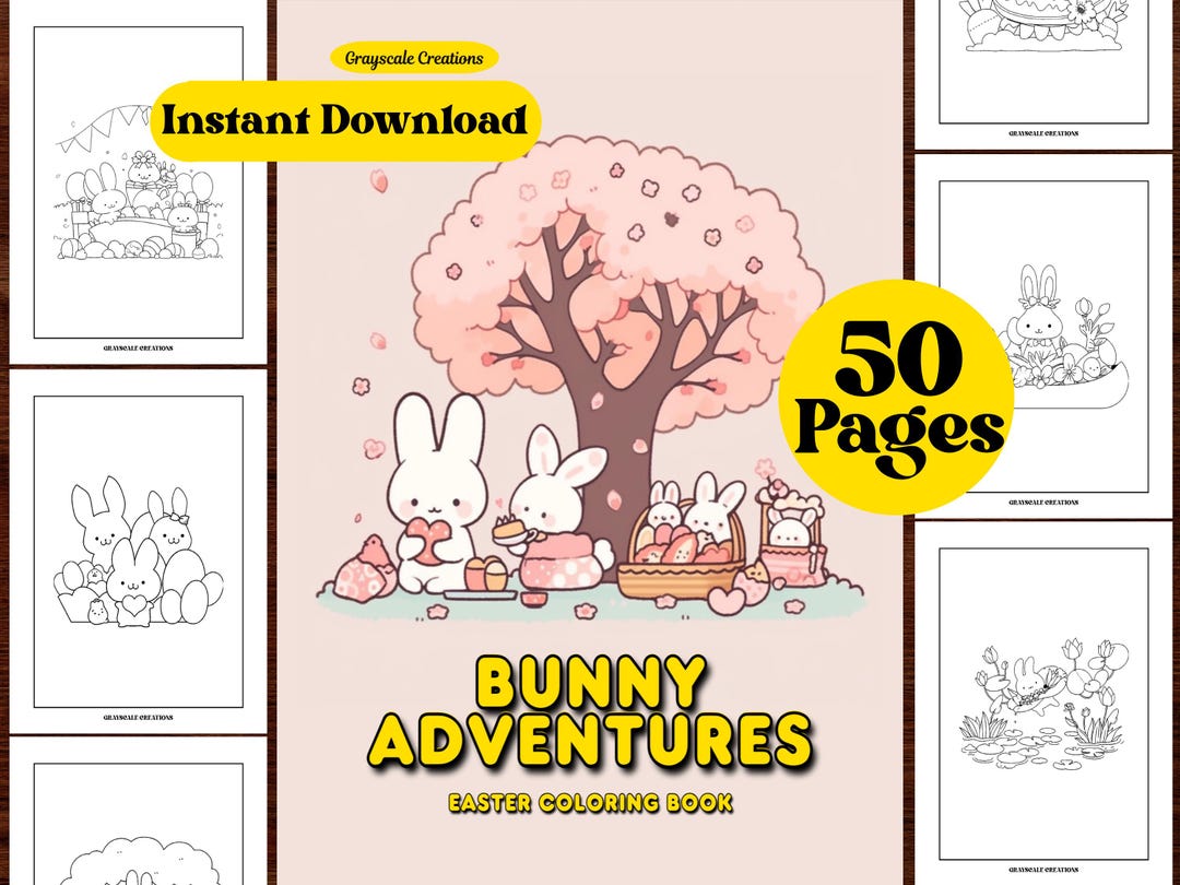 50 Easter Bunny Adventures Coloring Page Book, Easter Activity, Cozy ...