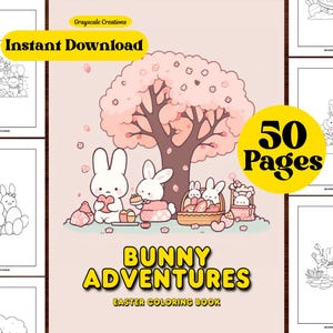 50 Easter Bunny Adventures Coloring Page Book, Easter Activity, Cozy ...