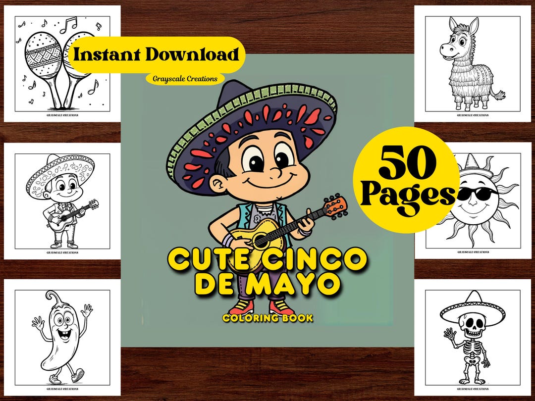 50 Cute Cinco De Mayo Coloring Page Book, Cinco De Mayo Bold Lines ...
