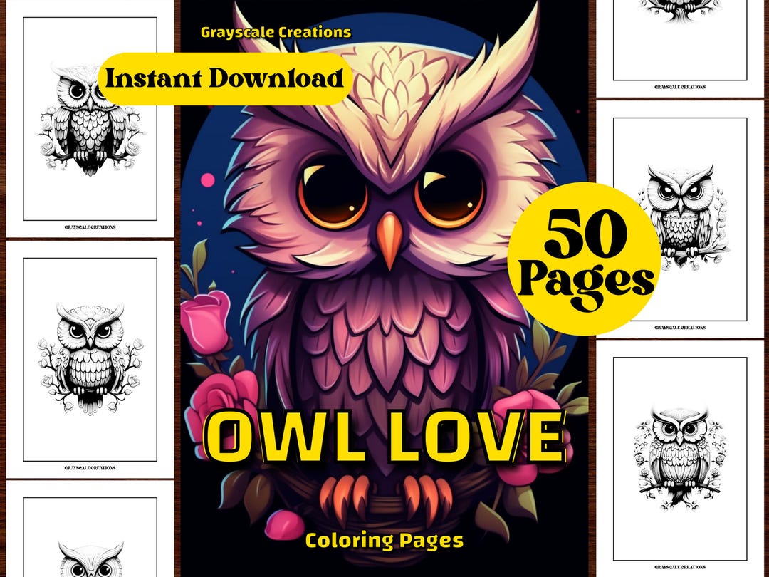 50 Owl Love Coloring Page Book, Love St Valentines Romance, Printable ...