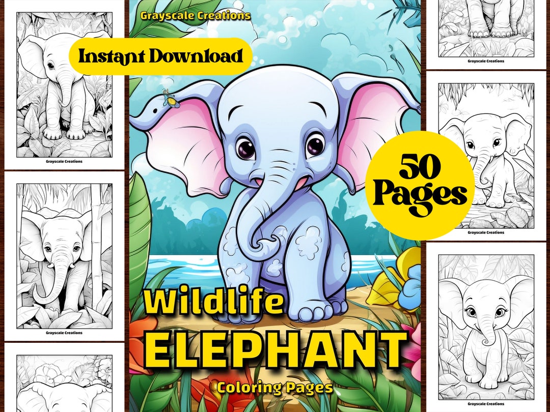50 Cute Elephant Coloring Page Book, Printable PDF Sheets, Instant ...
