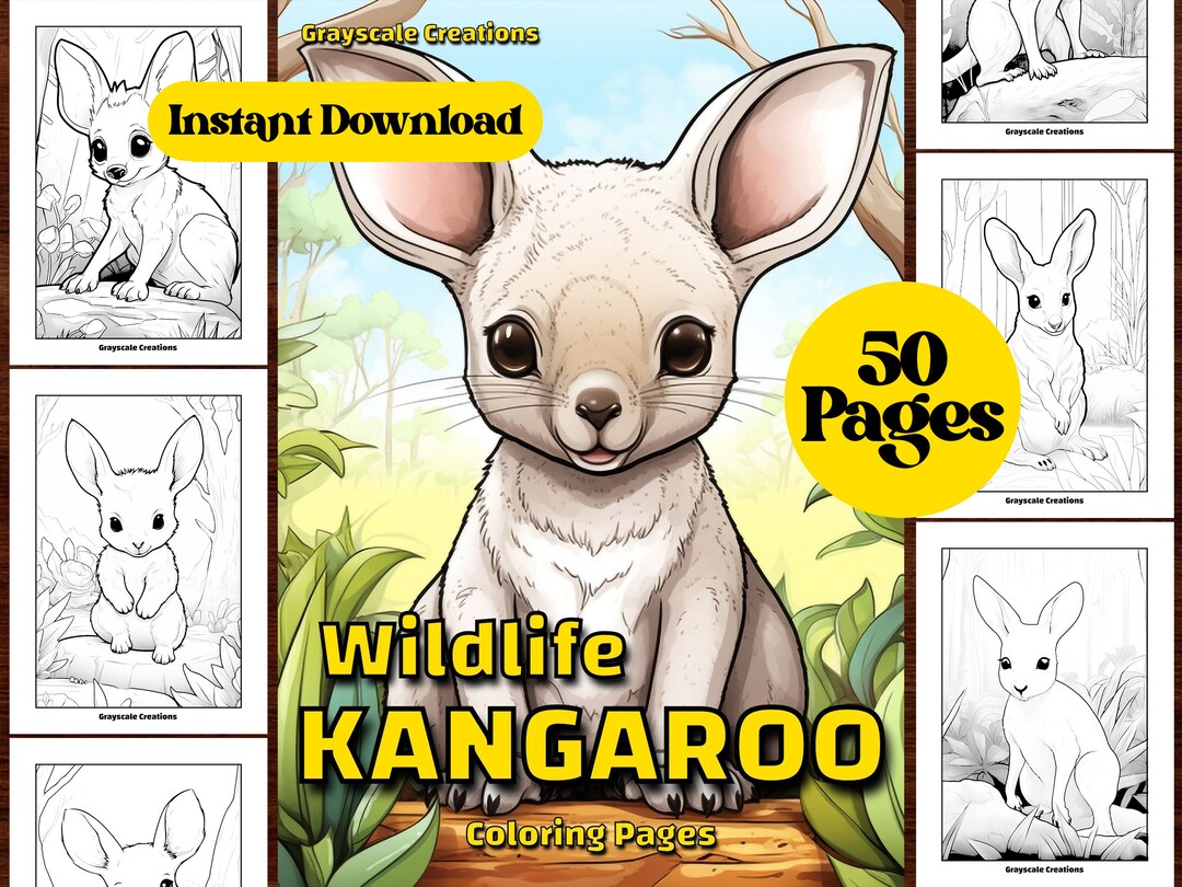 50 Cute Kangaroo Coloring Page Book, Printable PDF Sheet, Instant ...