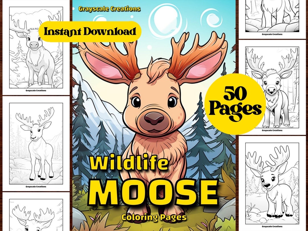 50 Cute Moose Coloring Page Book, Printable PDF Sheets, Instant ...