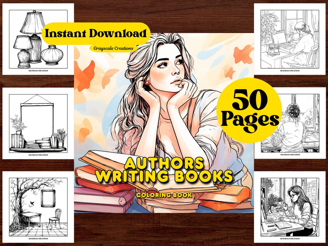 50 Authors Writing Books Coloring Page Book, Book Lover Grayscale ...
