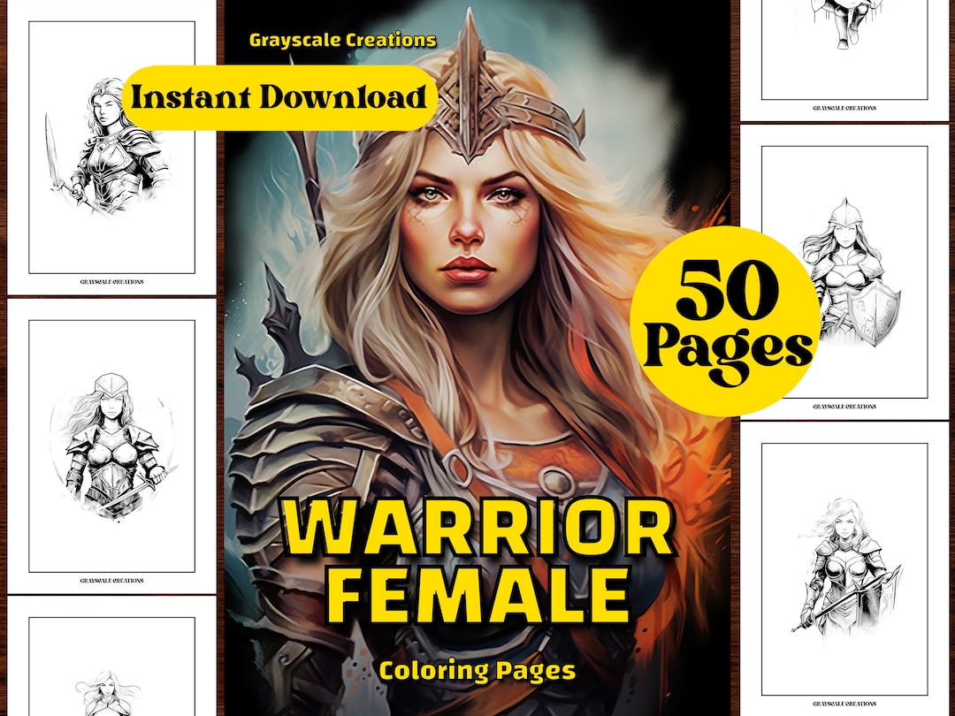 50 Warrior Female Coloring Page Book, Fantasy Enchanted Creatures ...