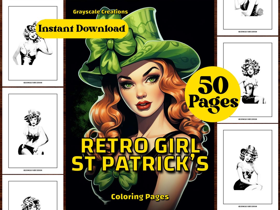 50 Retro Girl St Patrick Day Coloring Page Book, Patty Irish, Printable ...