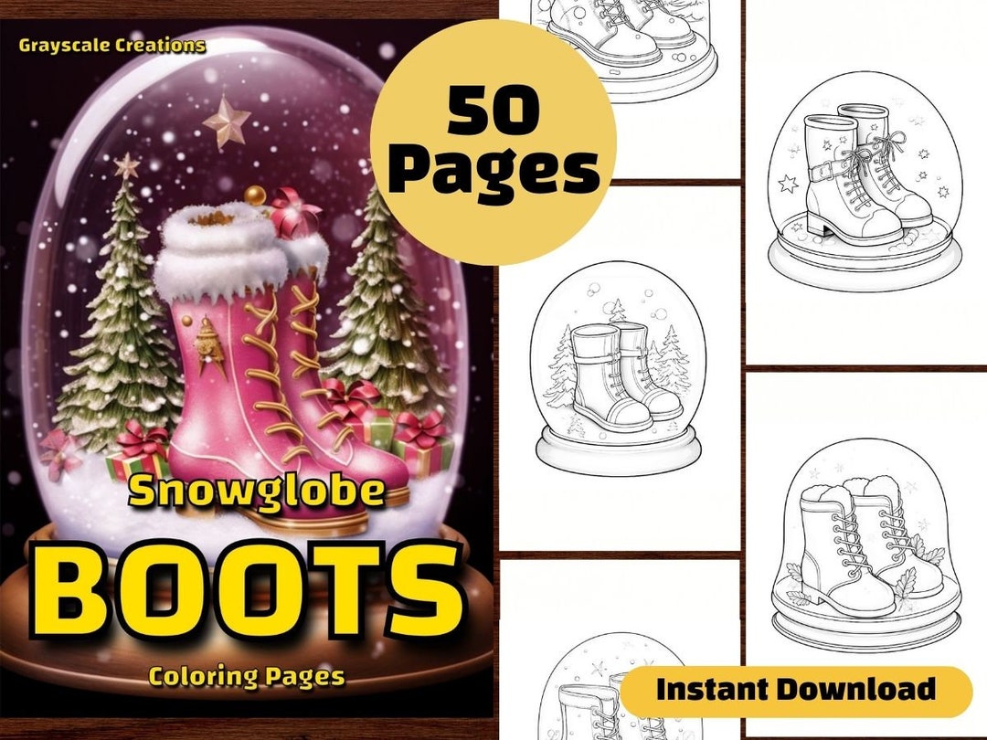 50 Boots Snowglobe Coloring Page Book, Snow Glass Fashion Shoe ...