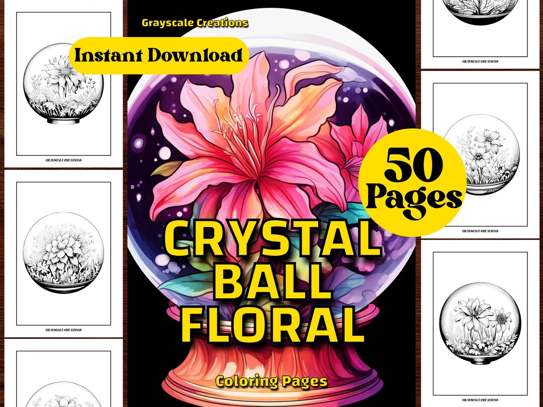 50 Crystal Ball Floral Coloring Page Book, Nature Botanical Flower ...