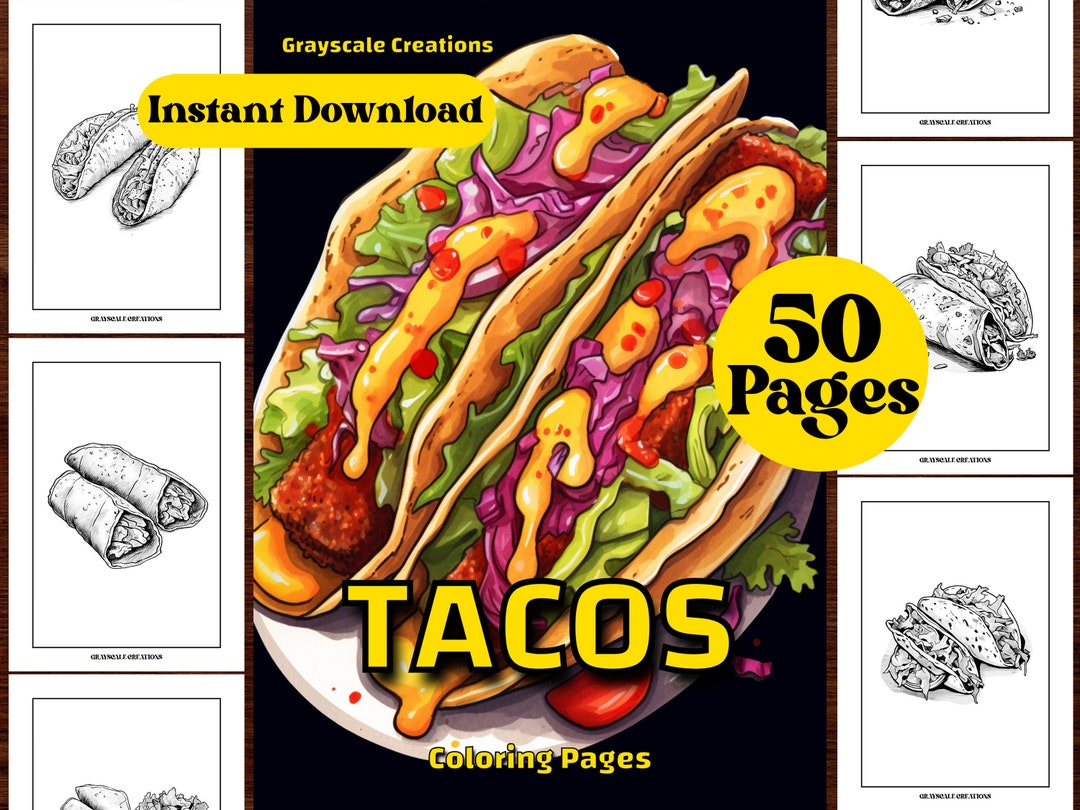 50 Tacos Coloring Page Book, Food Beverage Drinks Culinary, Printable ...