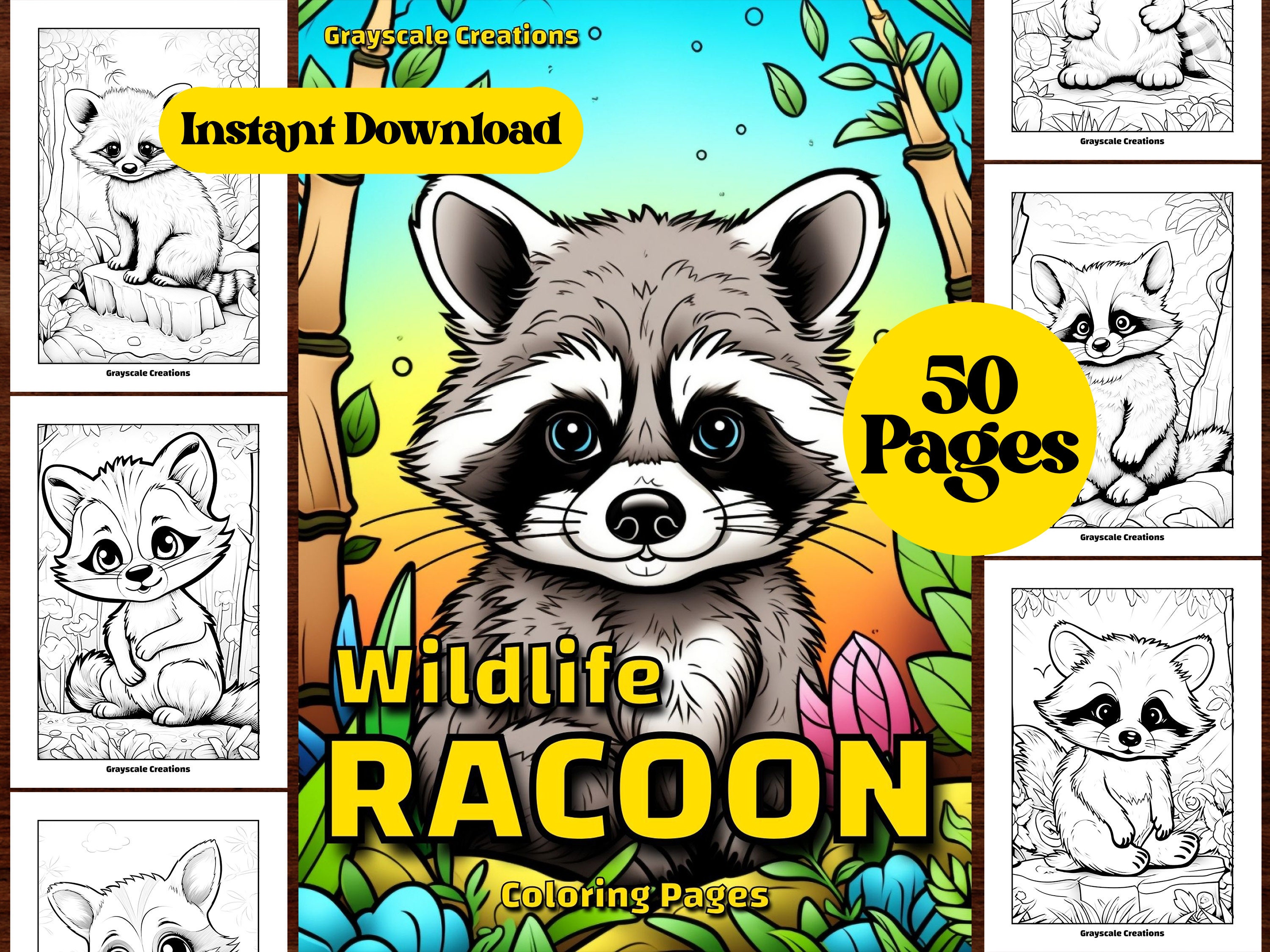 50 Cute Raccoon Coloring Page Book, Printable PDF Sheets, Instant ...