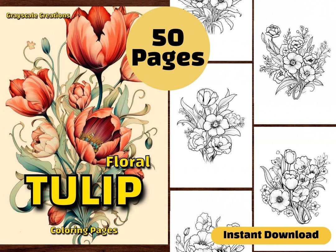 50 Tulip Coloring Page Book, Nature Botanical Flower Floral Bouquet ...