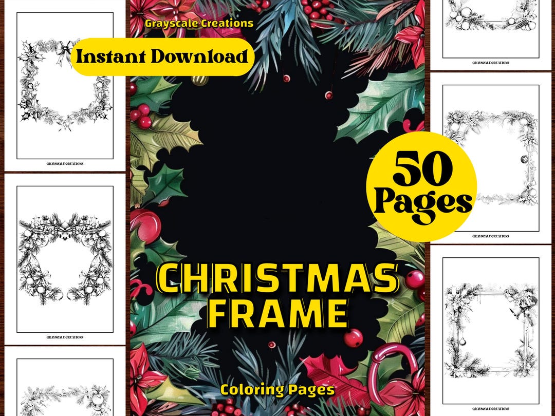 50 Christmas Frame Coloring Page Book, Snow Creature Xmas Winter ...