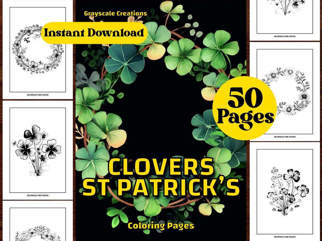 50 Clover St Patrick Day Coloring Page Book, Patty Irish, Printable PDF ...