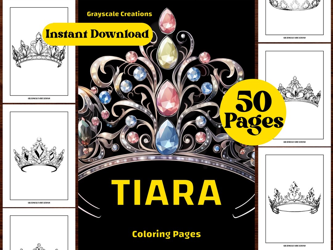 50 Tiara Coloring Page Book, Nature Fashion Clothing Accessories Jewellery, Printable PDF Sheets ...