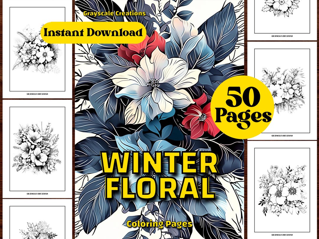 50 Winter Floral Coloring Page Book, Christmas Snow Creature Xmas ...
