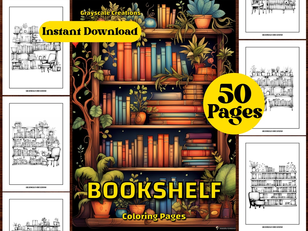 50 Bookshelf Coloring Page Book, Nature House Interior Design ...