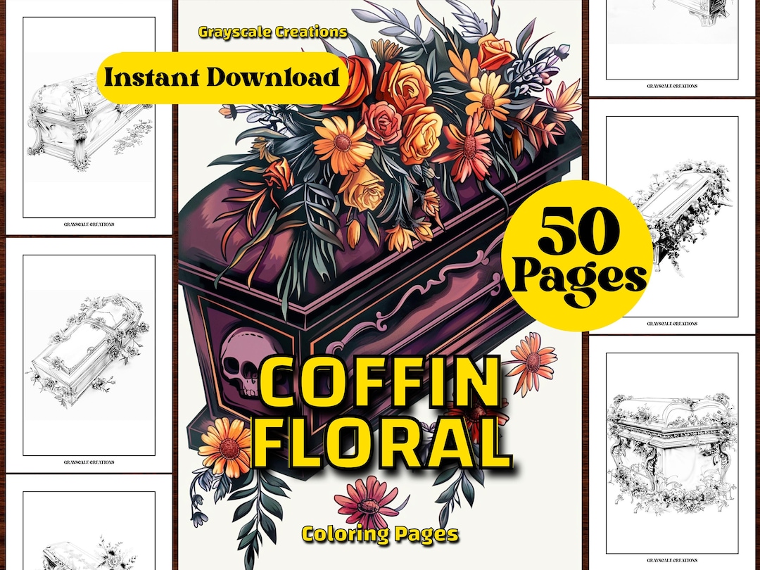50 Coffin Floral Coloring Page Book, Halloween Cartoon Creepy ...