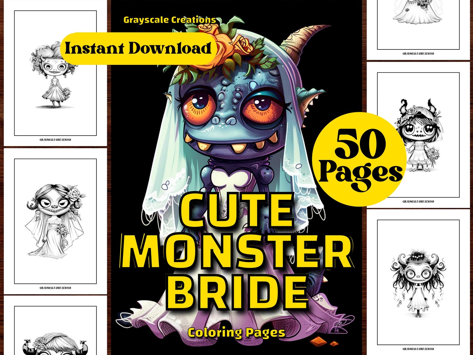 50 Cute Monster Bride Coloring Page Book, Halloween Cartoon Creepy ...