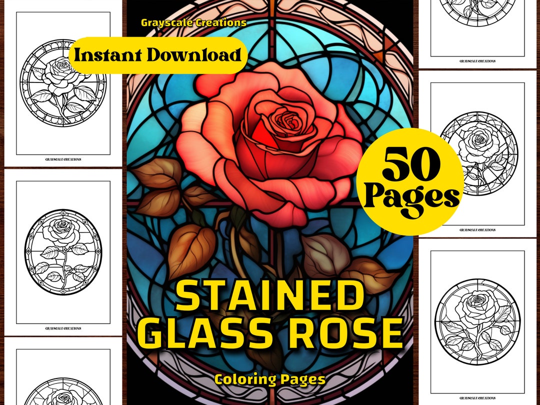 50 Stained Glass Rose Coloring Page Book, Nature Botanical Flower ...