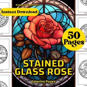 50 Stained Glass Rose Coloring Page Book, Nature Botanical Flower ...