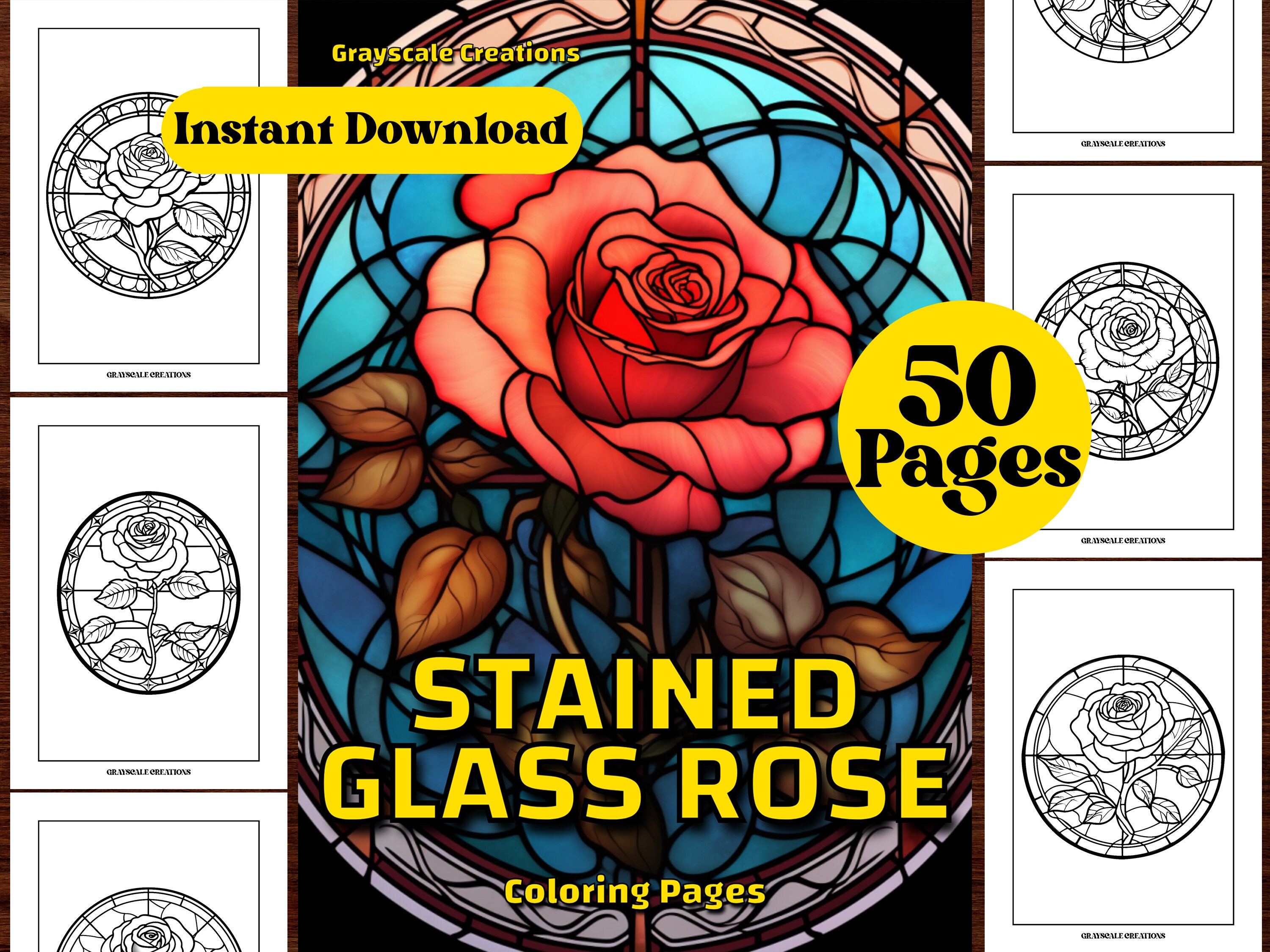 50 Stained Glass Rose Coloring Page Book, Nature Botanical Flower ...