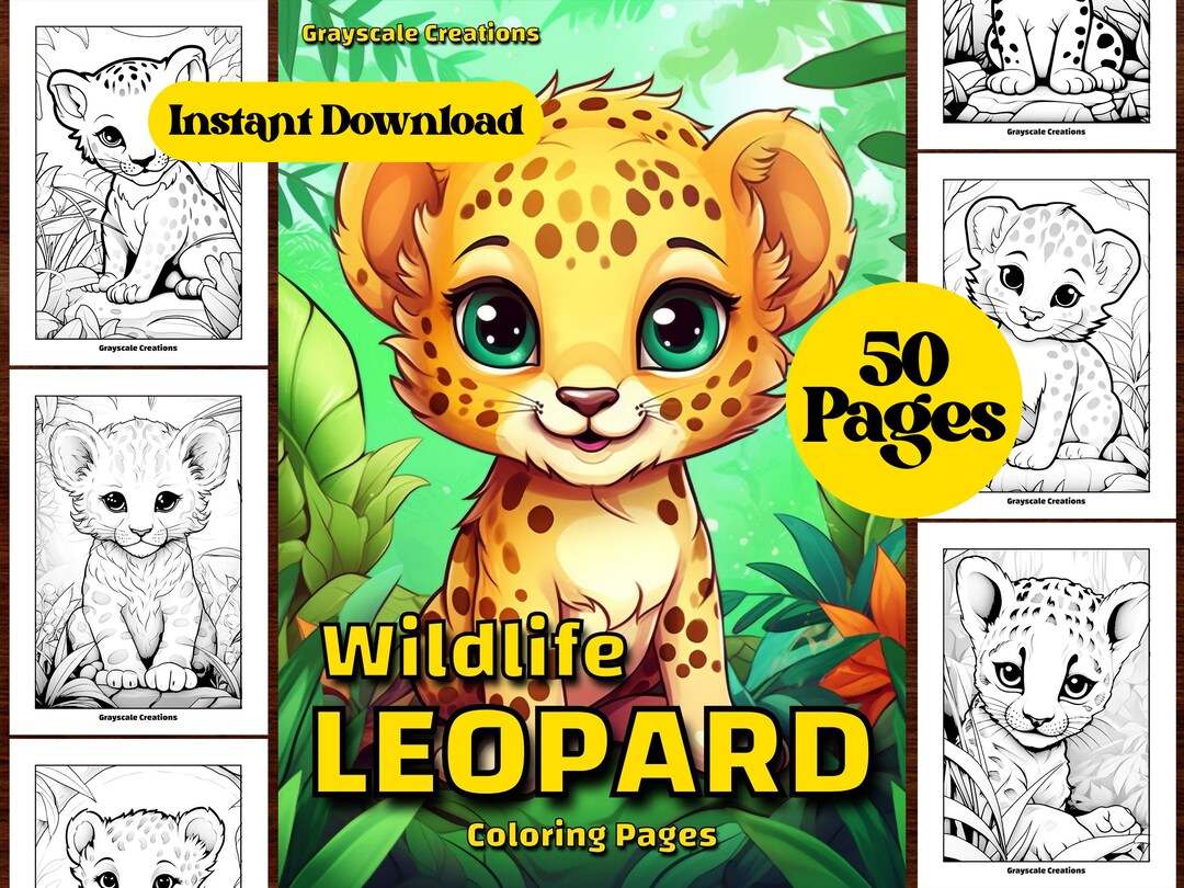 50 Cute Leopard Coloring Page Book, Printable PDF Sheets, Instant ...
