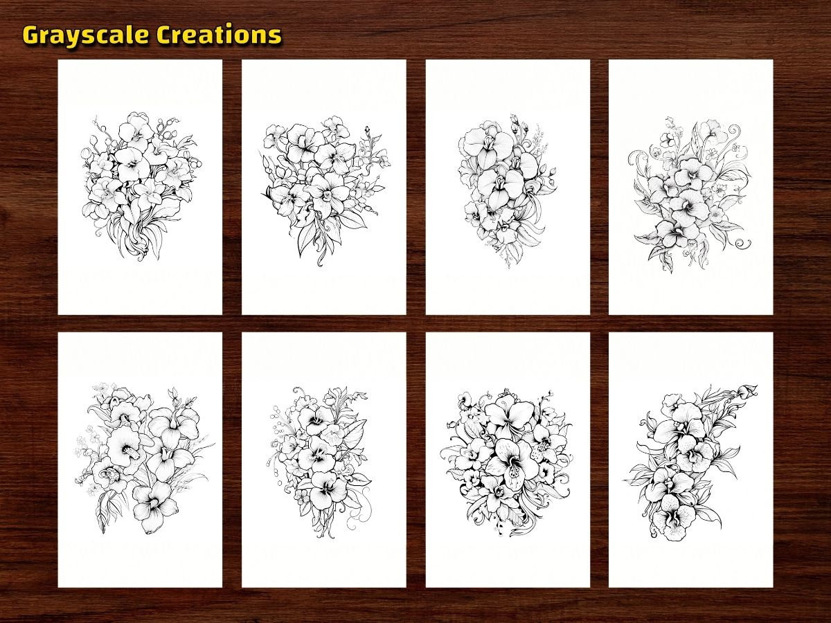 50 Orchid Coloring Page Book, Nature Botanical Flower Floral Bouquet ...