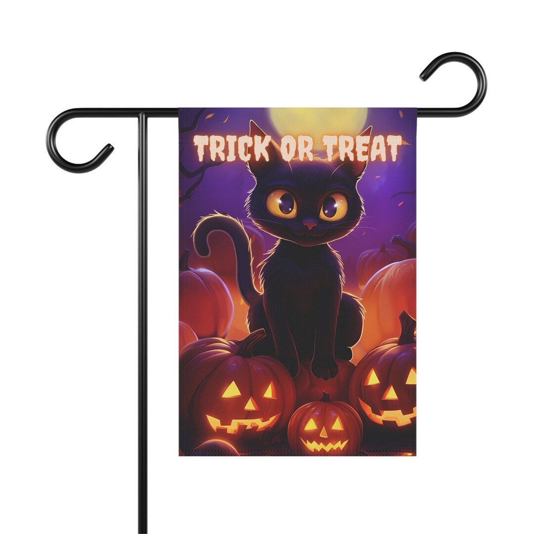 Cute Halloween Black Cat Flag - Jack O' Lanterns and Moon - Trick or ...