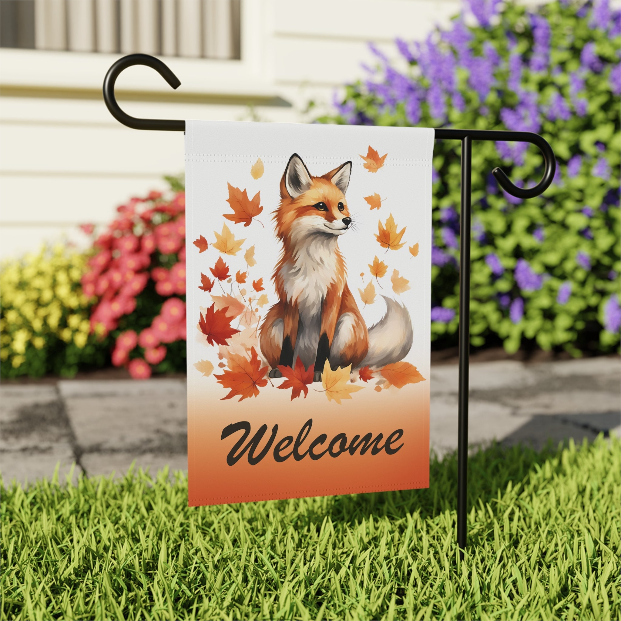 Cute Red Fox Flag - Welcome - Fall Leaves - 12"x18" Garden Yard House ...
