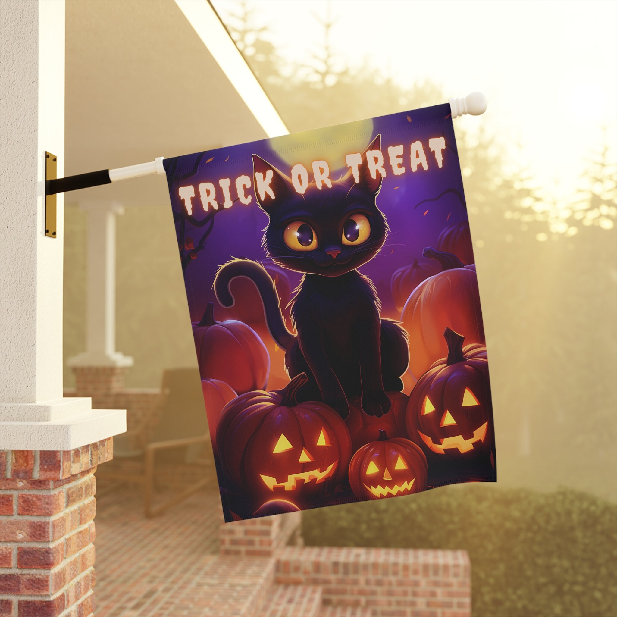 Cute Halloween Black Cat Flag - Jack O' Lanterns and Moon - Trick or ...